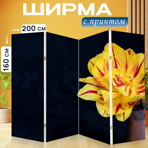 Ширма перегородка с принтом "Тюльпан, цветок, желтый" на холсте - 200x160 см. для зонирования, раскладная
