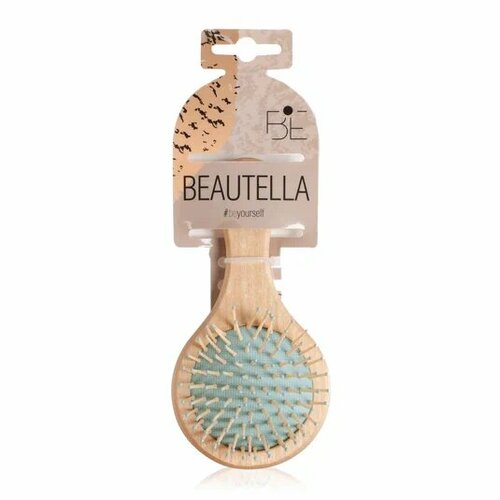 Расческа Beautella деревянная массажная круглая с пластиковыми зубчиками, цветная подушечка, малая