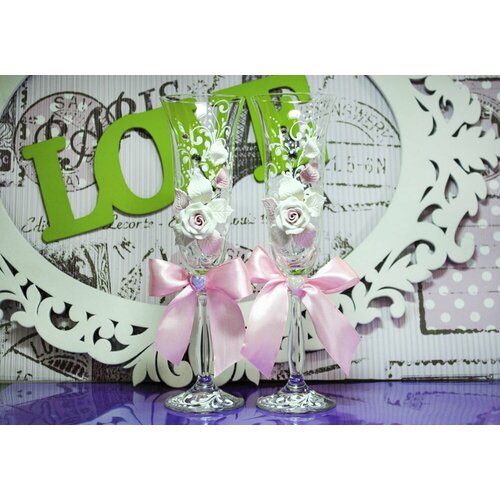 Набор свадебных бокалов "Романтика" (Angela) - 2 шт, богемское стекло, в розовом оформлении