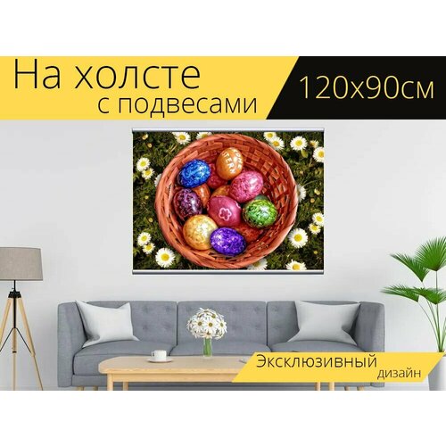 Картина на холсте "Пасха нест, пасхальный, пасхальные яйца" с подвесами 120х90 см. для интерьера