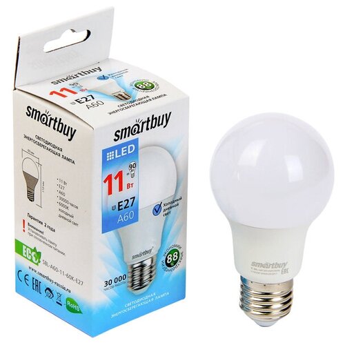 Smartbuy Лампа cветодиодная Smartbuy, E27, A60, 11 Вт, 6000 К, холодный белый свет