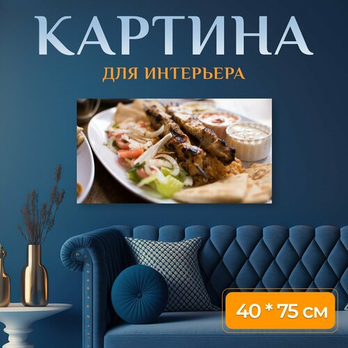 Картина на холсте "Сувлаки, подлинный греческий, греческая кухня" на подрамнике 75х40 см. для интерьера