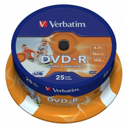 Носители информации DVD-R Printable, 16x, Verbatim Azo Wide, Cake/25, 43538