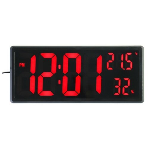 Часы настенные электронные, 36 х 15 х 0.3 см, термометр, гигрометр, красная индикация