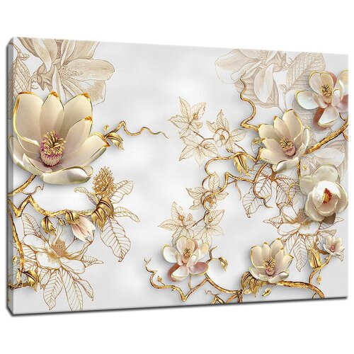 Картина Уютная стена "Объемные 3D золотые цветы" 90х60 см