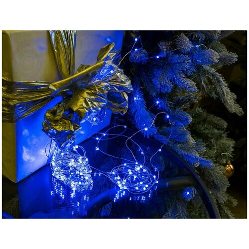Электрогирлянда (роса), 120 ультра ярких синих mini LED-ламп на серебряной проволоке, 12+1.5 м, контроллер, уличная, HOUSE