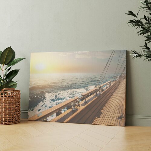 Картина на холсте (вид с палубы корабля море с парусник в яхты) 20x30 см/для интерьера/в комнату/на стену/в подарок
