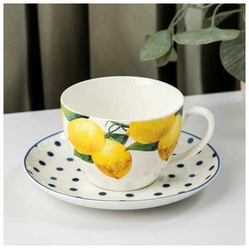 Чайная пара керамическая Доляна «Лимон», чашка 250 мл, блюдце d=15 см