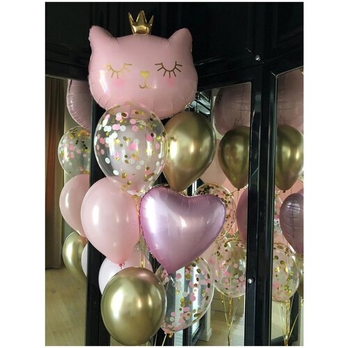 Фонтан из воздушных шаров с гелием Котик розовый, 10 шт