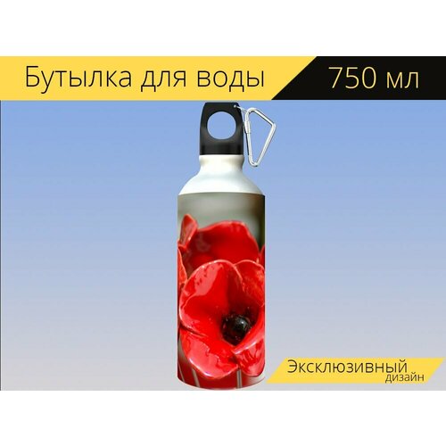 Бутылка фляга для воды "Маки, красные цветы, керамические" 750 мл. с карабином и принтом