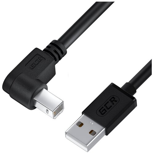 GCR Кабель 0.5m USB 2.0, AM угловой левый/BM угловой, черный, 28/28 AWG, экран, армированный, морозостойкий