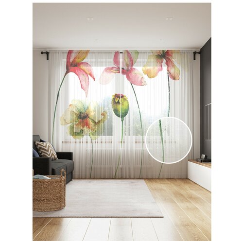 Тюль для кухни и спальни JoyArty "Утонченные цветы", 2 полотна со шторной лентой шириной по 145 см, высота 265 см.