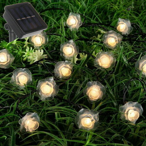 Гирлянда для улицы «Нежный цветок» 3 м 20 ламп LED чёрный провод, 2 реж, IP-55, Теплый белый (солнечная батарея)