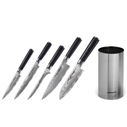 SD-0250МЕТП Набор из 5-ти кухонных ножей Samura Damascus универсальный, слайсер, обвалочный, шеф, сантоку и металлическая подставка