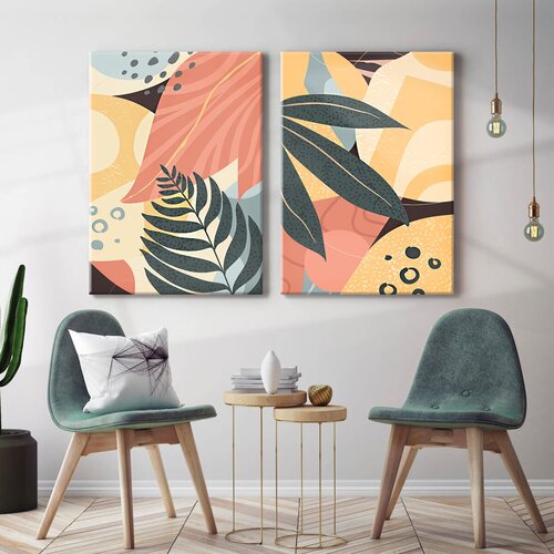 Картины на холсте 50х70 см "Тропические листья", набор картин для интерьера на стену, 2 шт на подрамнике