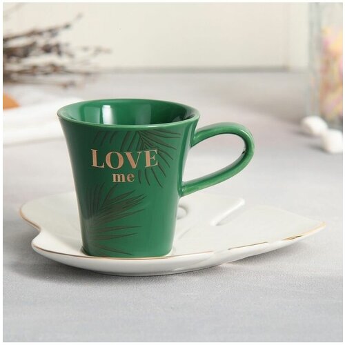 Чайная пара керамическая Love me, кружка 100 мл, блюдце 15х14 см, цвет бело-зелёный