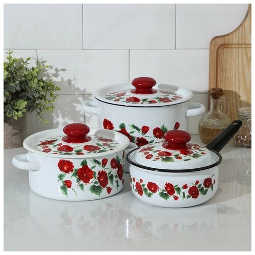 Набор посуды «Рамо», 3 предмета: кастрюли 2/3,5 л; ковш 1,5 л, эмалированные крышки, индукция, цвет белый