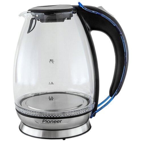 Электрический чайник Pioneer из термостойкого стекла с LED подсветкой, 1,7 л, автоотключение при закипании и снятии с базы, 2200 Вт