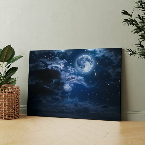 Картина на холсте (ночное небо луна звезды) 50x70 см/для интерьера/в комнату/на стену/в подарок