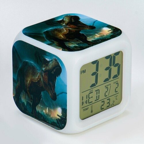 Часы настольные электронные 'Динозавр' с подсветкой, будильник, термометр, календарь, 8х8 см
