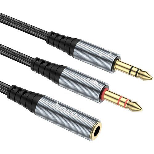 Кабель AUX, Jack 3,5mm(m) - 2xJack 3,5mm(f) HOCO UPA21, 0.25м, круглый, нейлон, цвет: серебряный