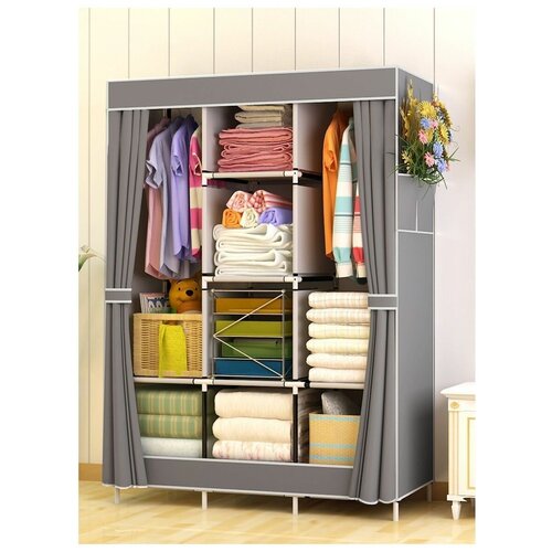 Складной каркасный тканевый шкаф / Тканевый шкаф для хранения одежды, серебристо-серый