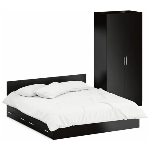 Кровать двуспальная с ящиками 1800 со шкафом для одежды 2-х створчатым Стандарт, цвет венге, спальное место 1800х2000 мм, без матраса, основание есть