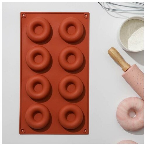 Силиконовая форма для выпечки Доляна "Пончики", 29x17 см, 8 ячеек, d 6 см, цвет микс