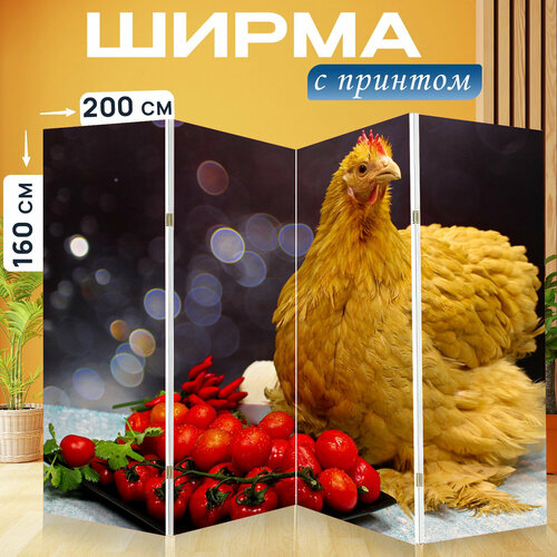 Ширма перегородка с принтом "Курица, помидоры, еда" на холсте - 200x160 см. для зонирования, раскладная
