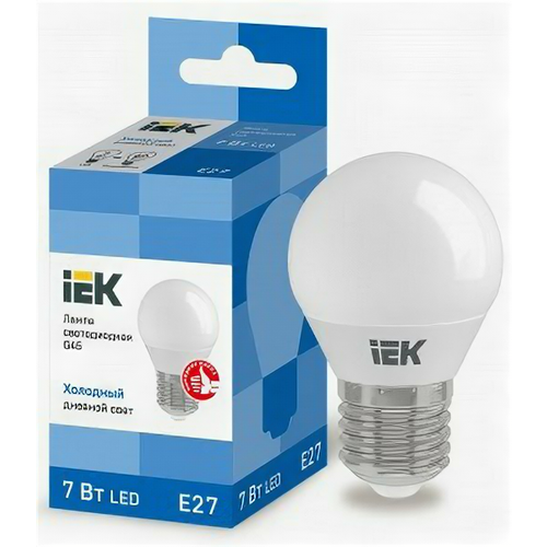 Светодиодная LED лампа IEK шар G45 E27 7W(630lm) 6500К 6K 83х45 матовая ECO LLE-G45-7-230-65-E27 (упаковка 12 штук)