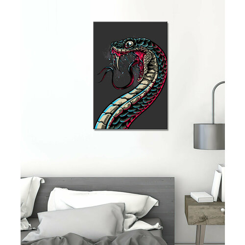Картина - змея, арт, змея на тёмном фоне, яркая змея, нападение змеи, минимализм (103) 50х70