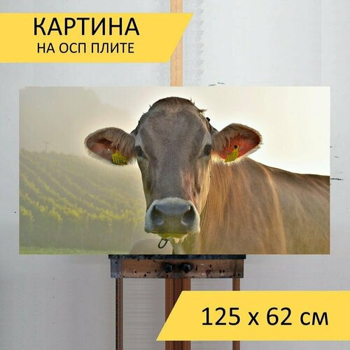Картина на ОСП 125х62 см. "Корова, пастбище, луг" горизонтальная, для интерьера, с креплениями