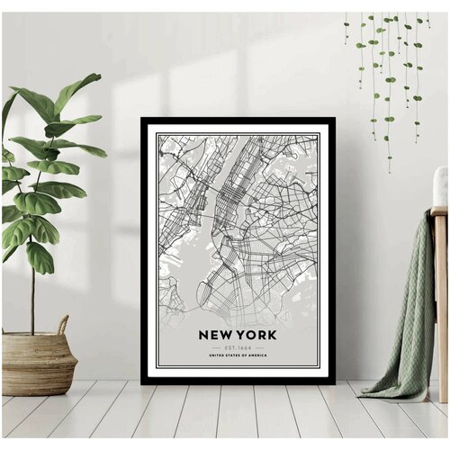 Постер В рамке "Нью-Йорк. Карта города" 50 на 70 (черная рама) / Картина для интерьера / Плакат / Постер на стену / Интерьерные картины
