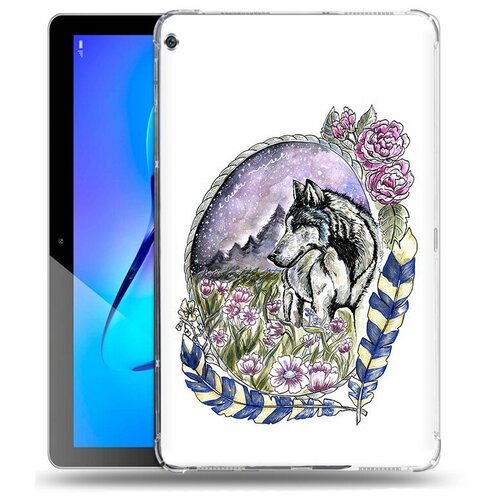 Чехол задняя-панель-накладка-бампер MyPads нарисованный волк в цветах с перьями для Huawei MediaPad M3 Lite 10 Wi-Fi/ LTE (BAH-AL00/W09) противоударный