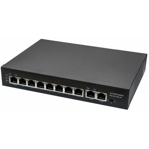 PoE коммутатор Fast Ethernet на 10 RJ45 портов. Порты: 8 x FE (10/100 Base-T) с поддержкой PoE (IEEE 802.3af/at), 2 x GE (10/100/1000 Base-T). Соответ