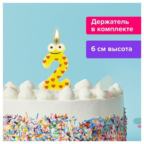 Свеча-цифра для торта "2" "С глазками" 6 см золотая сказка с держателем в блистере, 12 шт