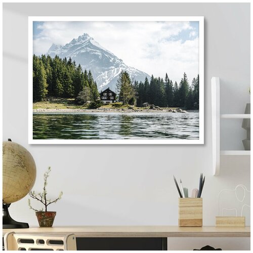 Постер В рамке "Домик у озера в лесу, горный пейзаж" 40 на 50 в белой раме / Картина для интерьера / Плакат / Постер на стену
