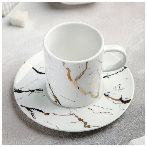 Чайная пара керамическая "Марбл", чашка 220 мл, блюдце d=15 см, цвет белый
