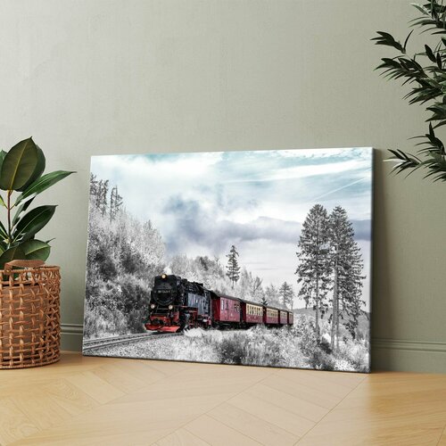 Картина на холсте (Зимний поезд в снегу) 50x70 см. Интерьерная, на стену.