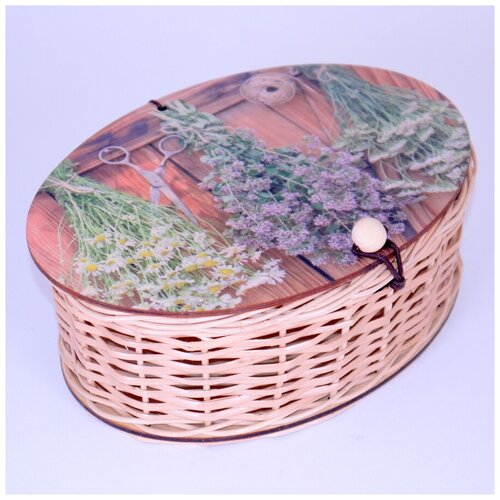 Шкатулка (корзина) овальная плетеная с принтом на крышке №1/2 - травы, ручное плетение из лозы