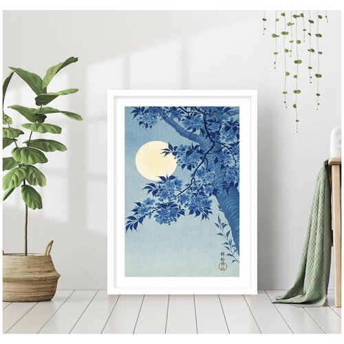 Постер В рамке "Японская живопись, луна" 40 на 50 (белая рама) / Картина для интерьера / Плакат / Постер на стену / Интерьерные картины в рамке