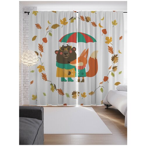 Фотошторы для кухни и спальни JoyArty "Медведь и лисица под зонтом", 2 полотна со шторной лентой шириной по 145 см, высота 265 см