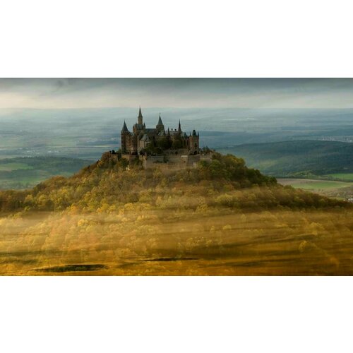 Картина на холсте 60x110 LinxOne "Туман пейзаж Castle Hohenzollern" интерьерная для дома / на стену / на кухню / с подрамником