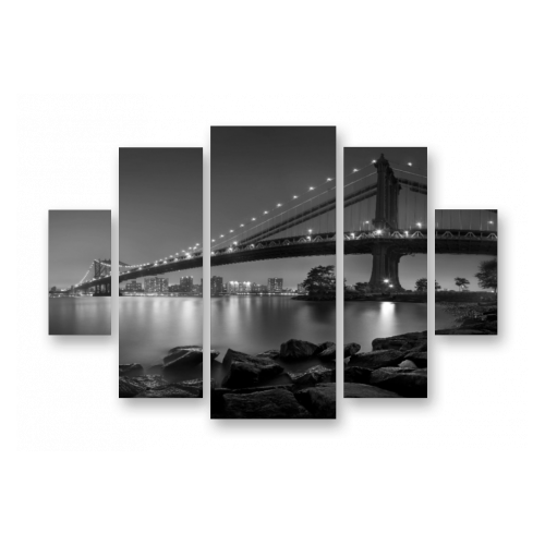 Модульная картина на стекле | Diva Kartina | Город. Нью-Йорк Черно-белый Бруклинский мост | 100X70 см