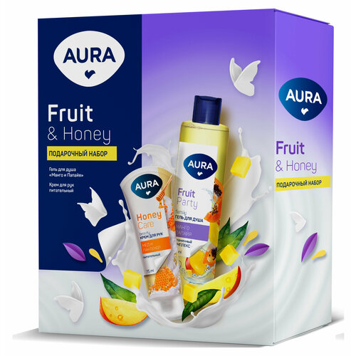 Подарочный набор Aura Fruit and Honey Гель для душа Манго и папайя 250мл+Крем для рук Питательный с D-пантенолом и экстрактом меда 75мл