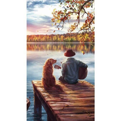 Картина на холсте 60x110 LinxOne "Человек, собака, шляпа, гитара, вертикальный" интерьерная для дома / на стену / на кухню / с подрамником