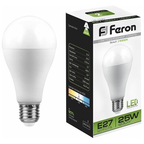25791 Лампа светодиодная Feron 25W=230W 230V E27 Груша A65 2150Лм Ra>80 4000К, упаковка 1шт