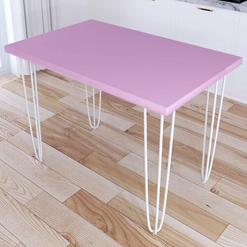 Стол кухонный Loft со столешницей розового цвета из массива сосны 40 мм на белых металлических ножках-шпильках, 110x80х75 см