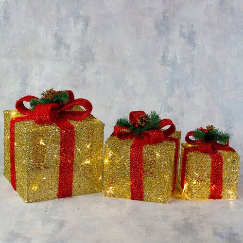 Светодиодная фигура «Подарки с красной лентой» 15, 20, 25 см, текстиль, металл, 220 В, свечение тёплое белое