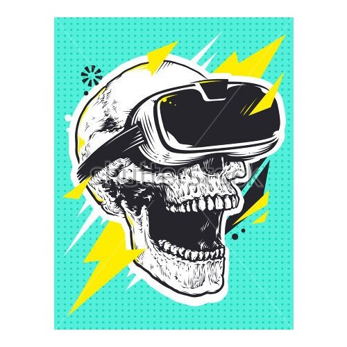 Постер на холсте Яркий коллаж с черепом в очках виртуальной реальности и яркими жёлтыми пятнами на светло-голубом фоне 40см. x 52см.